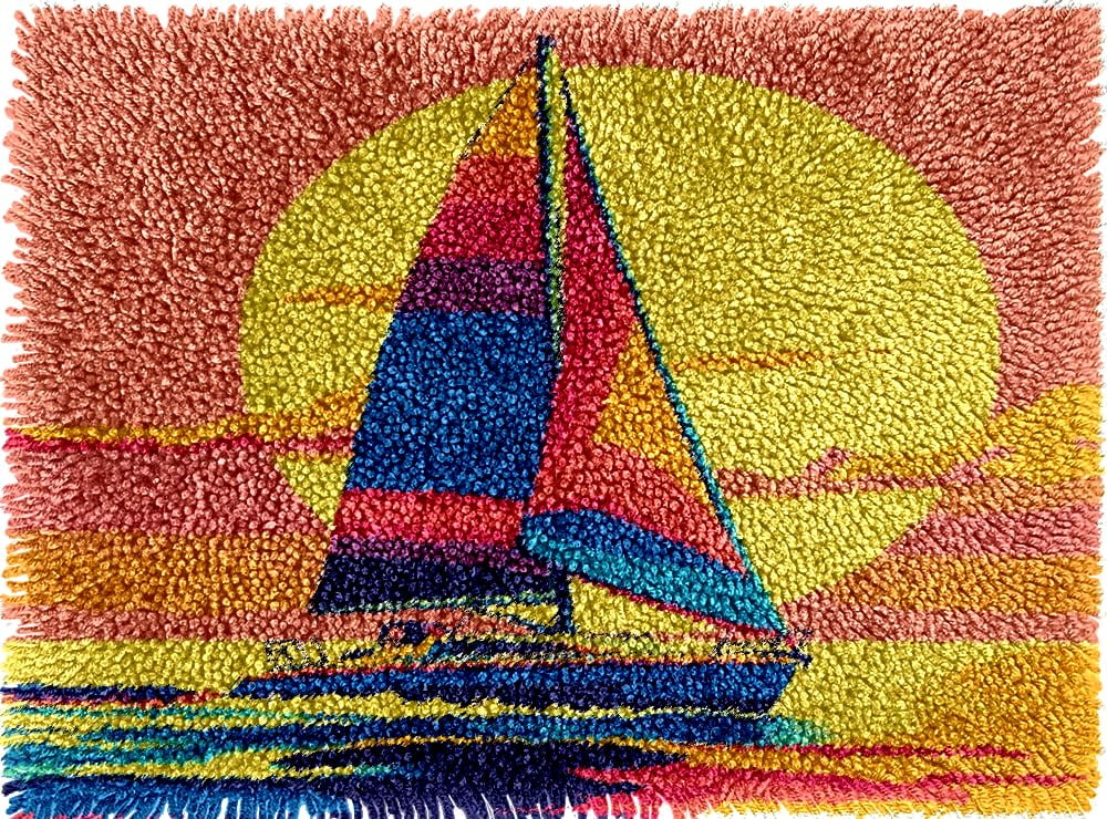 Sunset and Sailboat Colorful Latch Hook Rug kits Pre-printed Crochet ...