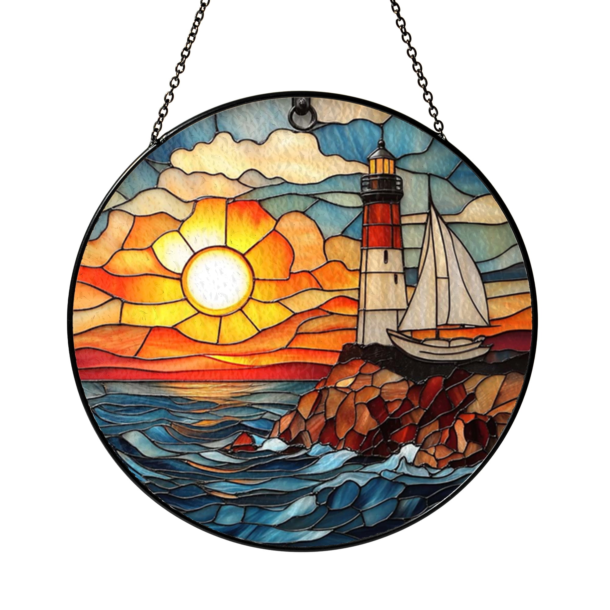 Sunset Sailboat and Lighthouse Stained Glass Suncatcher – Window ...