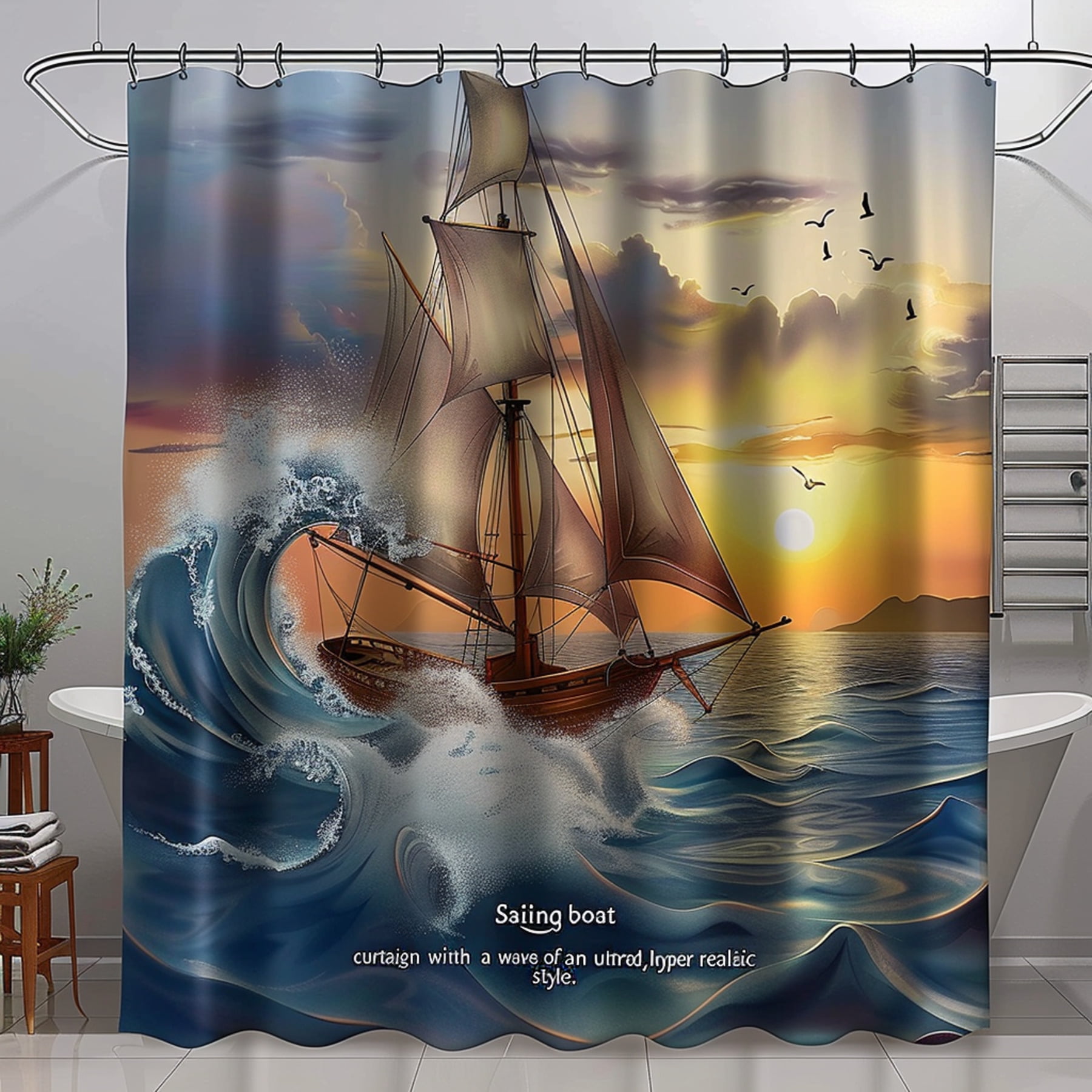 Sunset Sailing Boat Wave Design Shower Curtain Ultra Realistic Detail ...