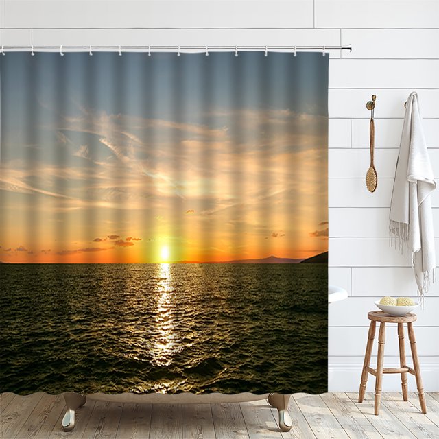 Sunset Sandy Beach Shower Curtain Tropical Ocean Coastal Colorful Sky ...