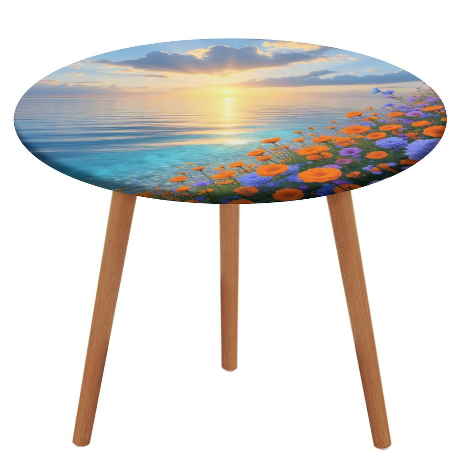 Sunset Sea And Flowers Pattern Round Tablecloth Waterproof Elastic ...