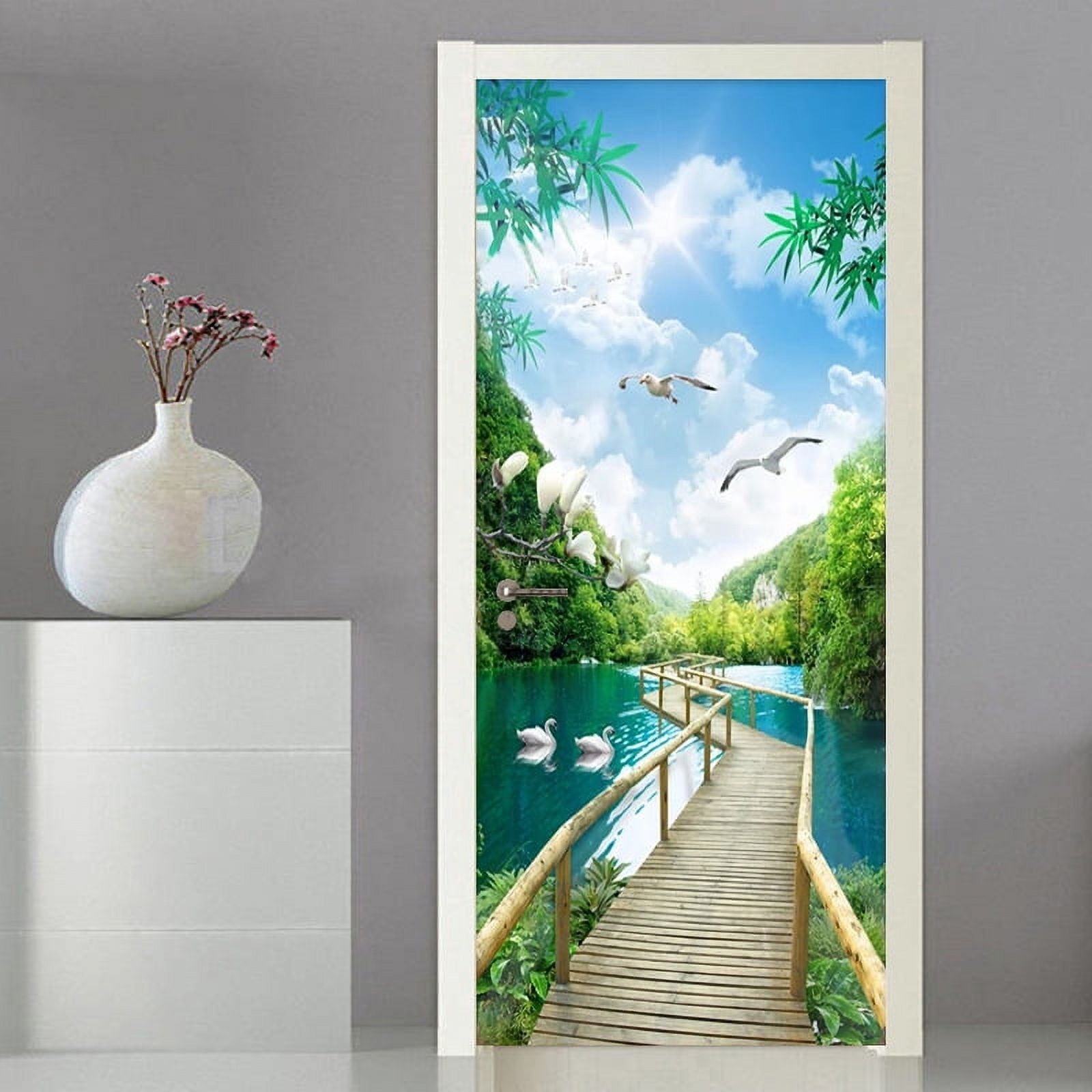 Sunset Sea Beach Door Sticker Adhesive PVC Forest Bridge Natural ...