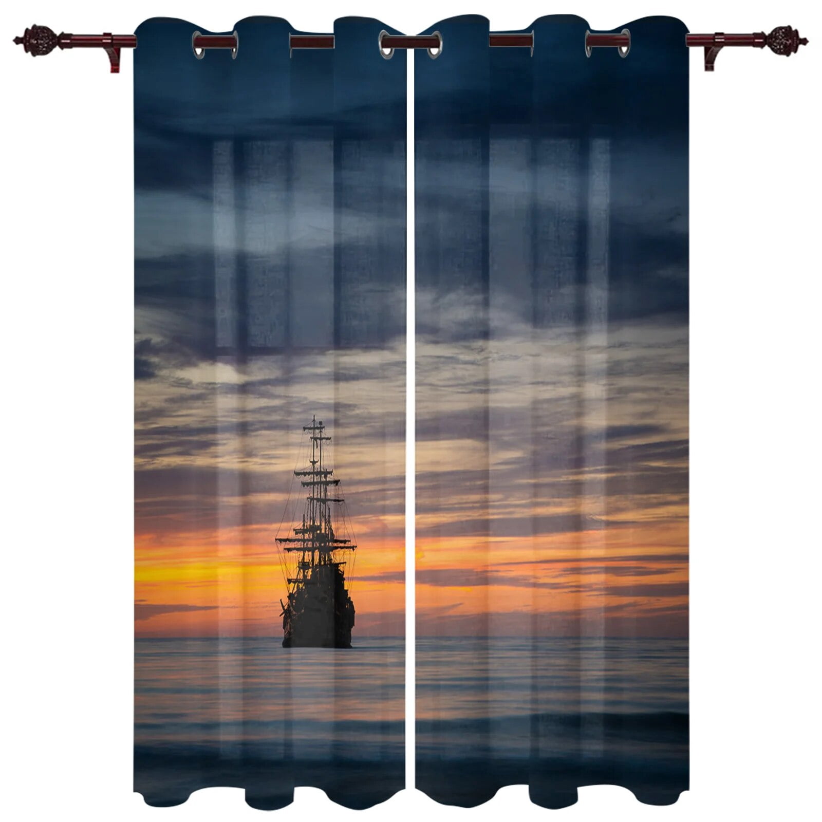 Sunset Sea Black Ship Mast Skyline Dark Cloud Curtains Modern Living ...
