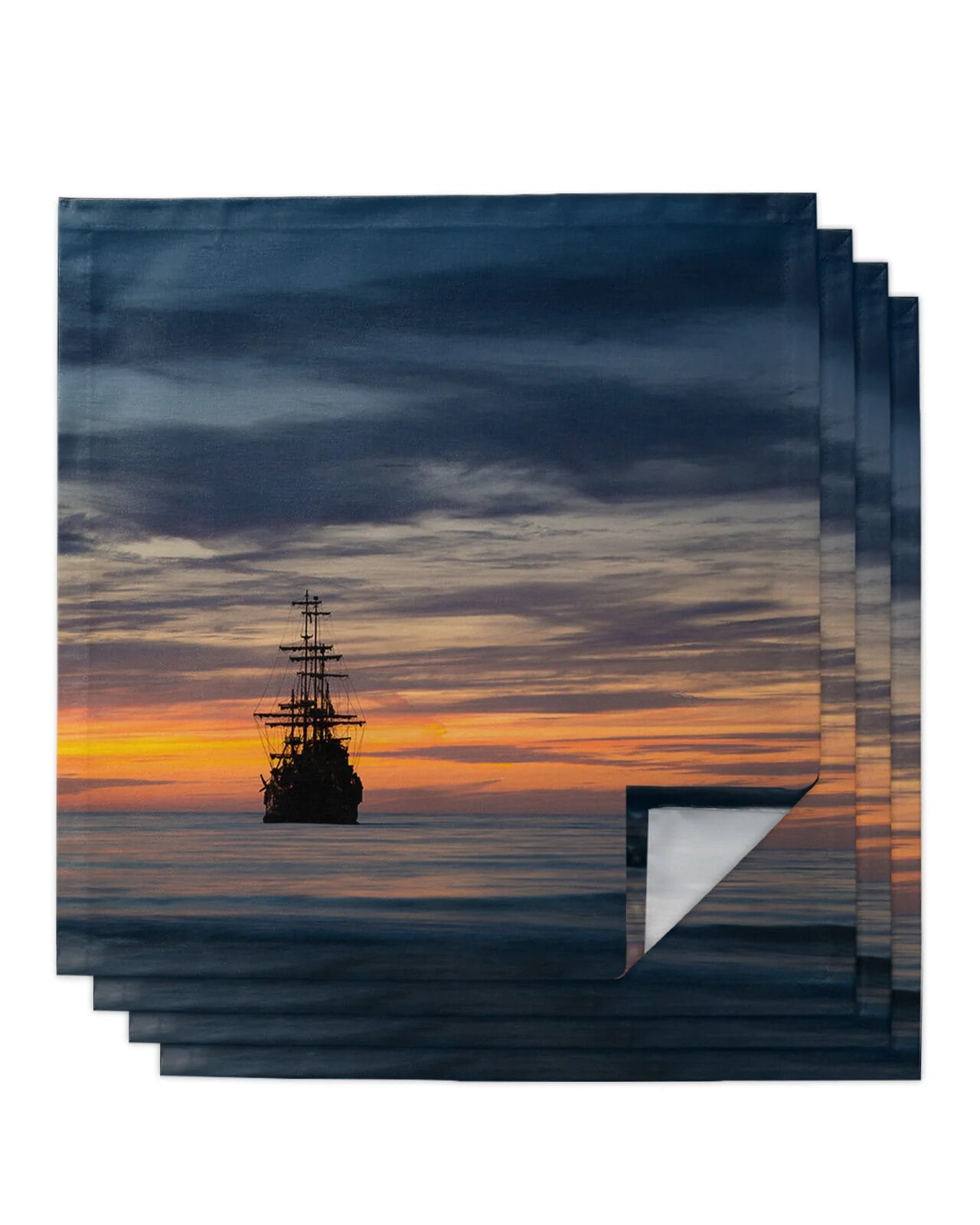 Sunset Sea Black Ship Table Napkins Cloth Set Kitchen Dinner Tea Towels ...
