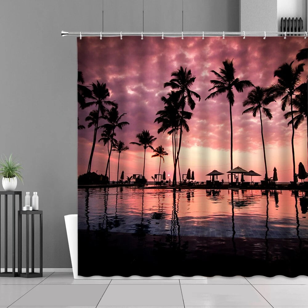 Sunset Sea Coconut Tree Print Shower Curtain Bathroom Decoration Screen ...