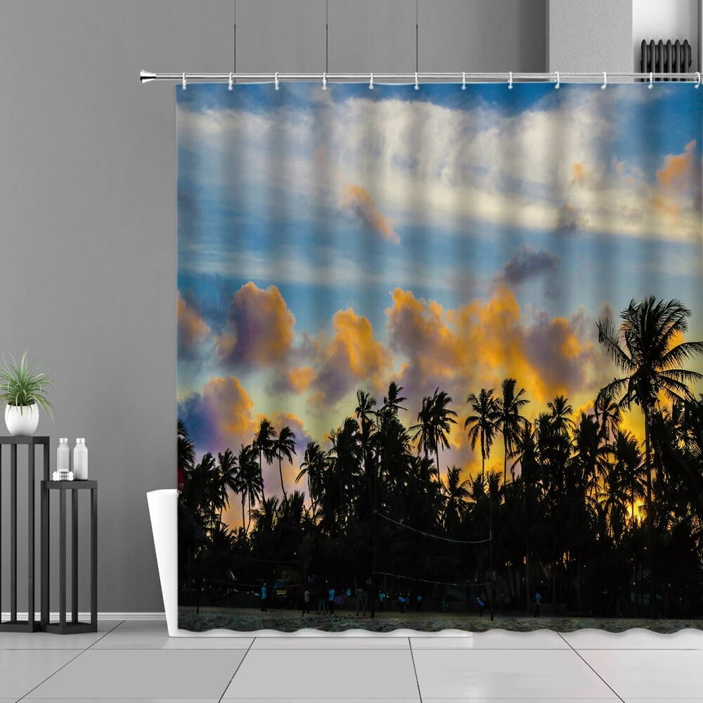 Sunset Sea Coconut Tree Print Shower Curtain Bathroom Decoration Screen ...