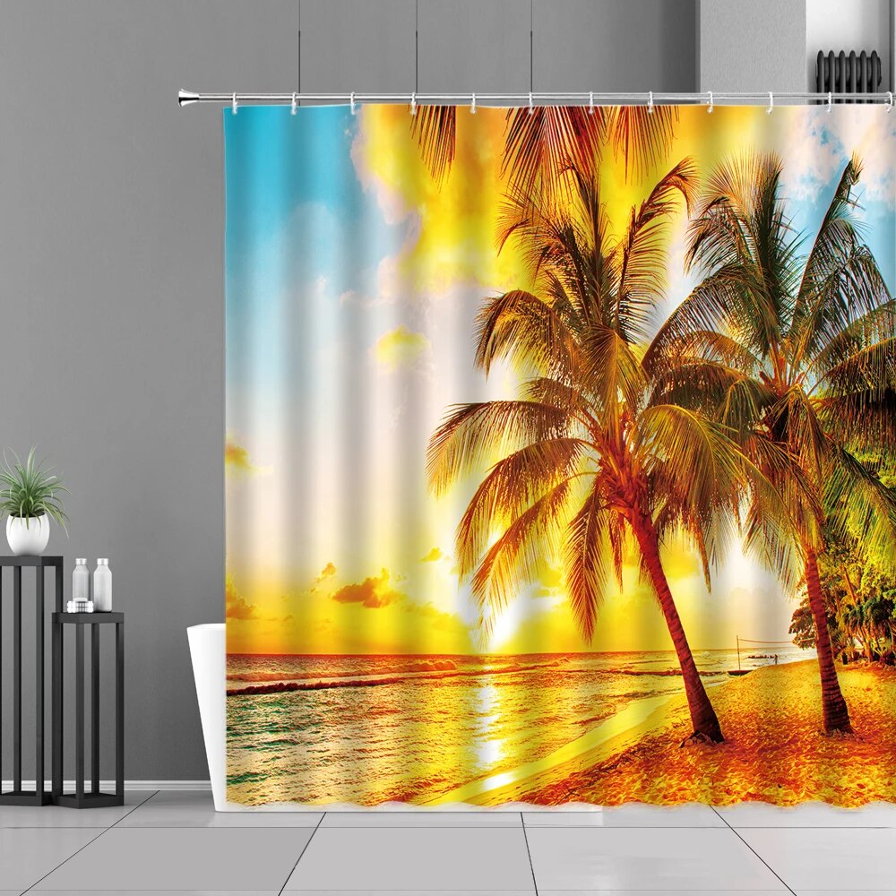 Sunset Sea Coconut Tree Print Shower Curtain Bathroom Decoration Screen ...