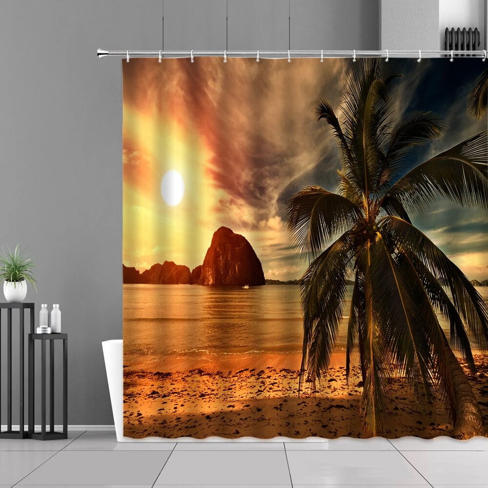 Sunset Sea Coconut Tree Print Shower Curtain Bathroom Decoration Screen ...