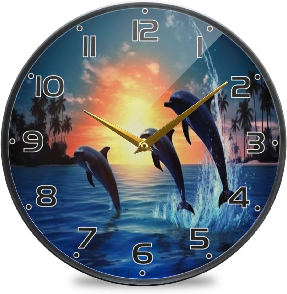 Sunset Sea Dolphin Wall Clock Round Silent Non Ticking Battery Operated ...