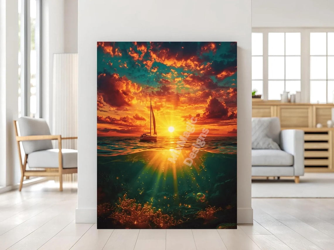 Sunset Sea Poster, Sailboat Wall Art, Maritime Coastal Motif – Seascape ...