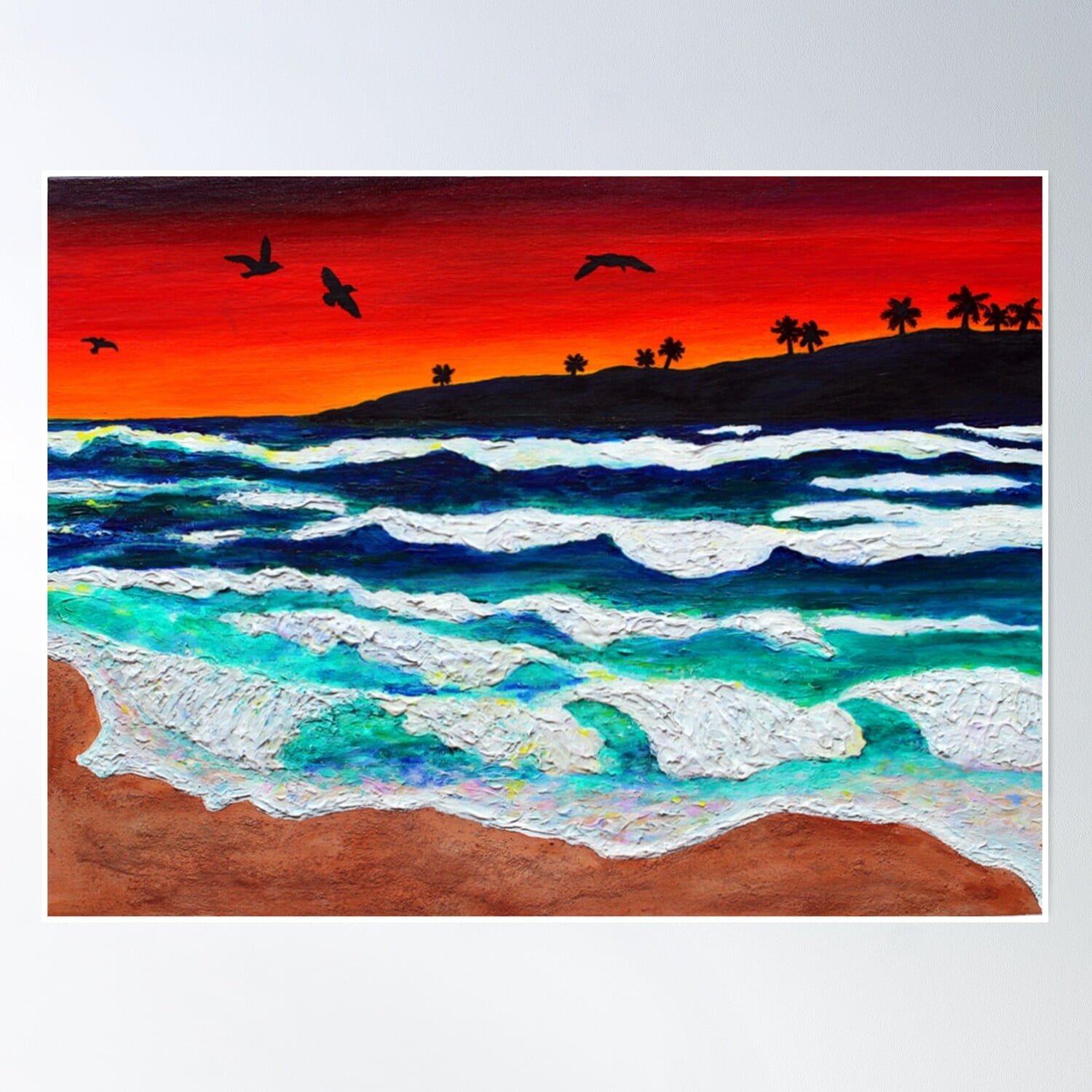 Sunset Seascape Acrylic And Sand Mixed Media Painting Poster Wall Art ...