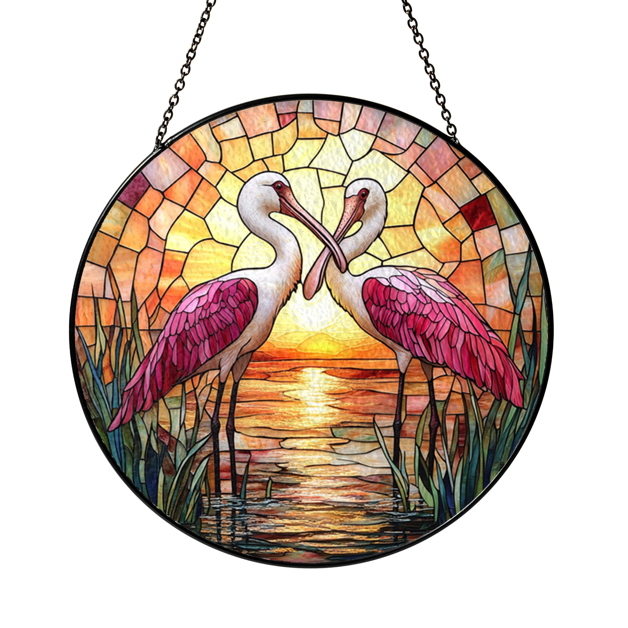 Sunset Shoreline with Pink Wading Bird Suncatcher, Coastal Window ...