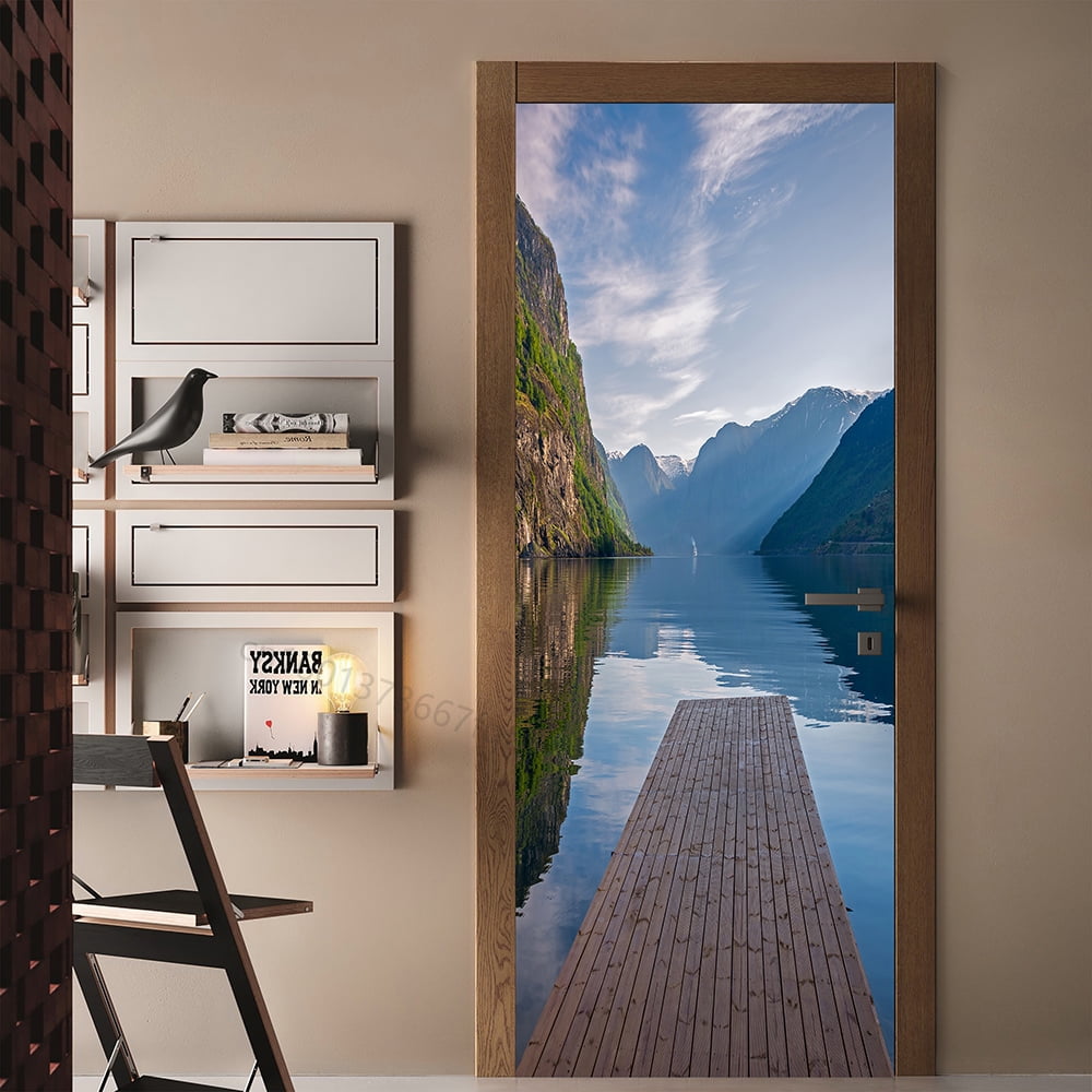 Sunset Sky Bridge Door Stickers Adhesive PVC Clouds Scenery Sea Mural ...