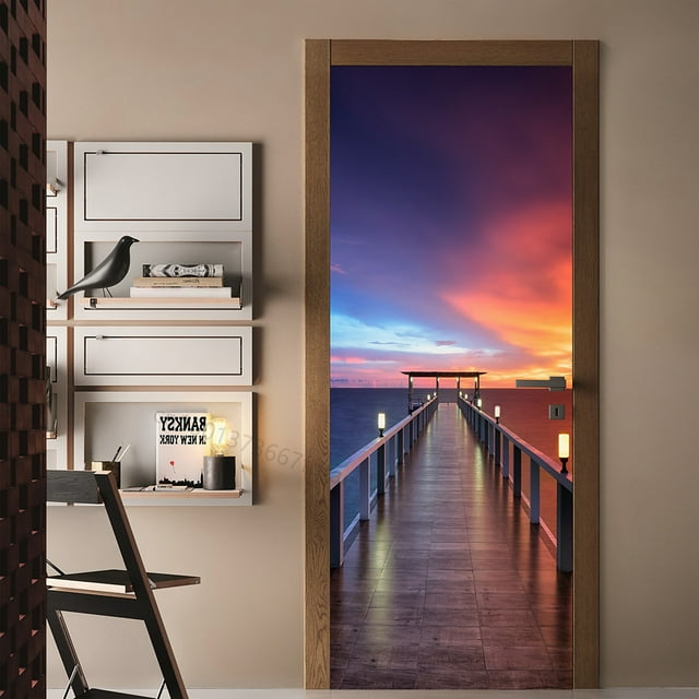Sunset Sky Bridge Door Stickers Adhesive PVC Clouds Scenery Sea Mural ...
