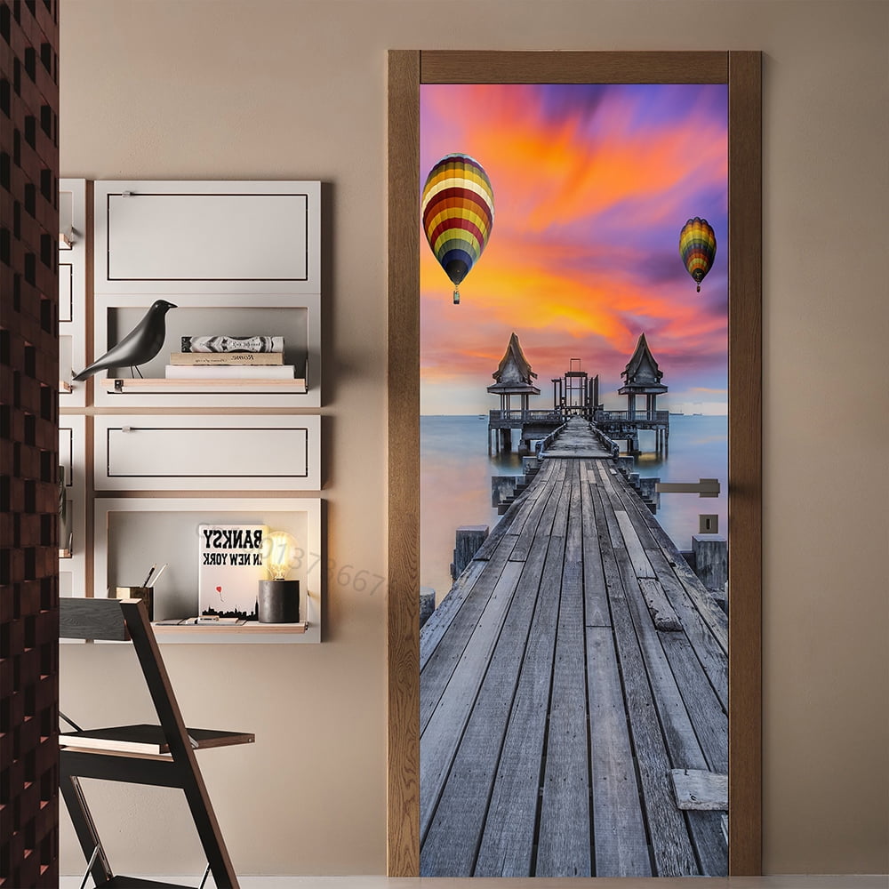 Sunset Sky Bridge Door Stickers Adhesive PVC Clouds Scenery Sea Mural ...