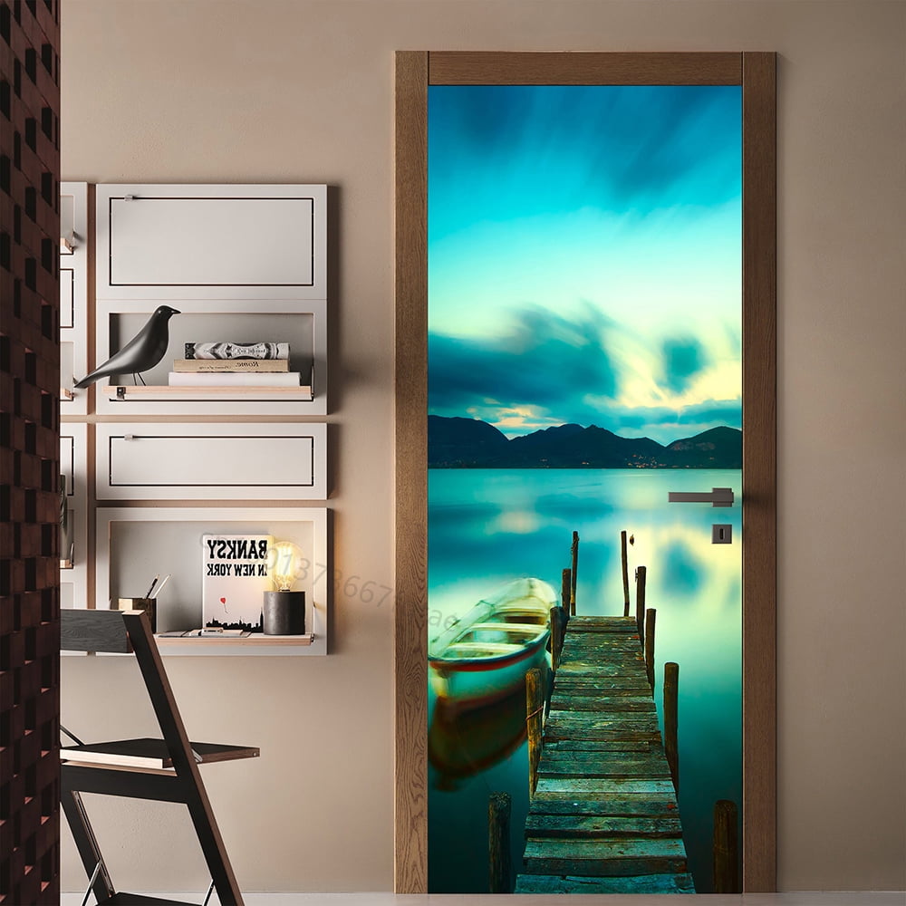 Sunset Sky Bridge Door Stickers Adhesive PVC Clouds Scenery Sea Mural ...