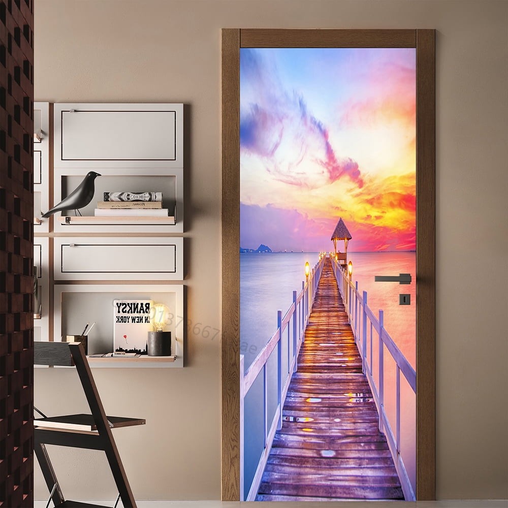 Sunset Sky Bridge Door Stickers Adhesive PVC Clouds Scenery Sea Mural ...