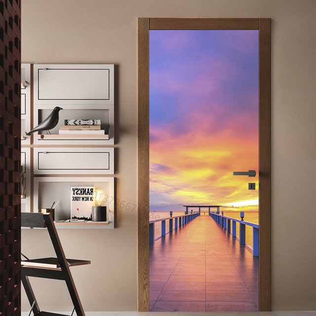 Sunset Sky Bridge Door Stickers Adhesive PVC Clouds Scenery Sea Mural ...