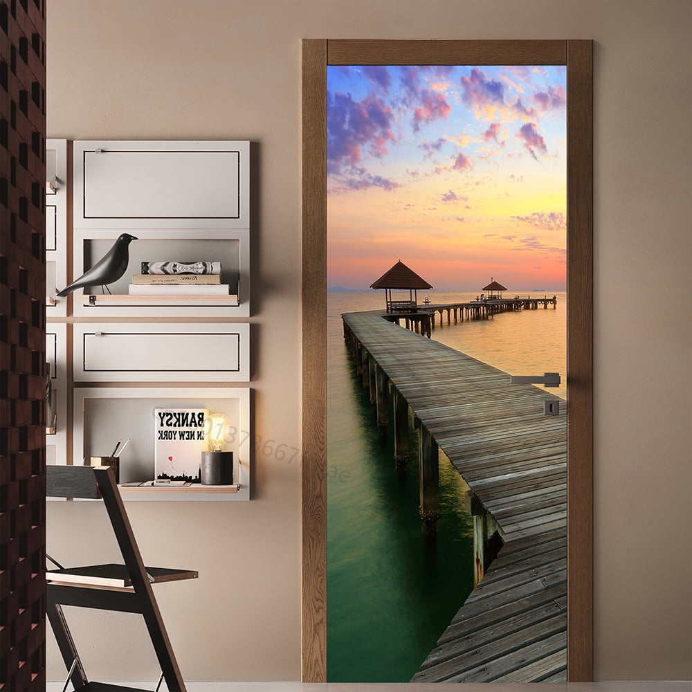 Sunset Sky Bridge Door Stickers Adhesive PVC Clouds Scenery Sea Mural ...