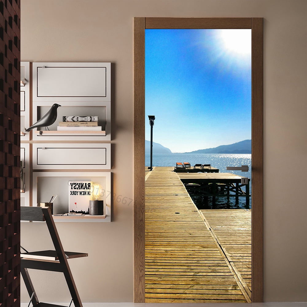Sunset Sky Bridge Door Stickers Adhesive PVC Clouds Scenery Sea Mural ...