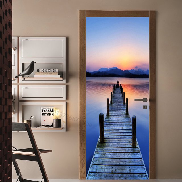Sunset Sky Bridge Door Stickers Adhesive PVC Clouds Scenery Sea Mural ...