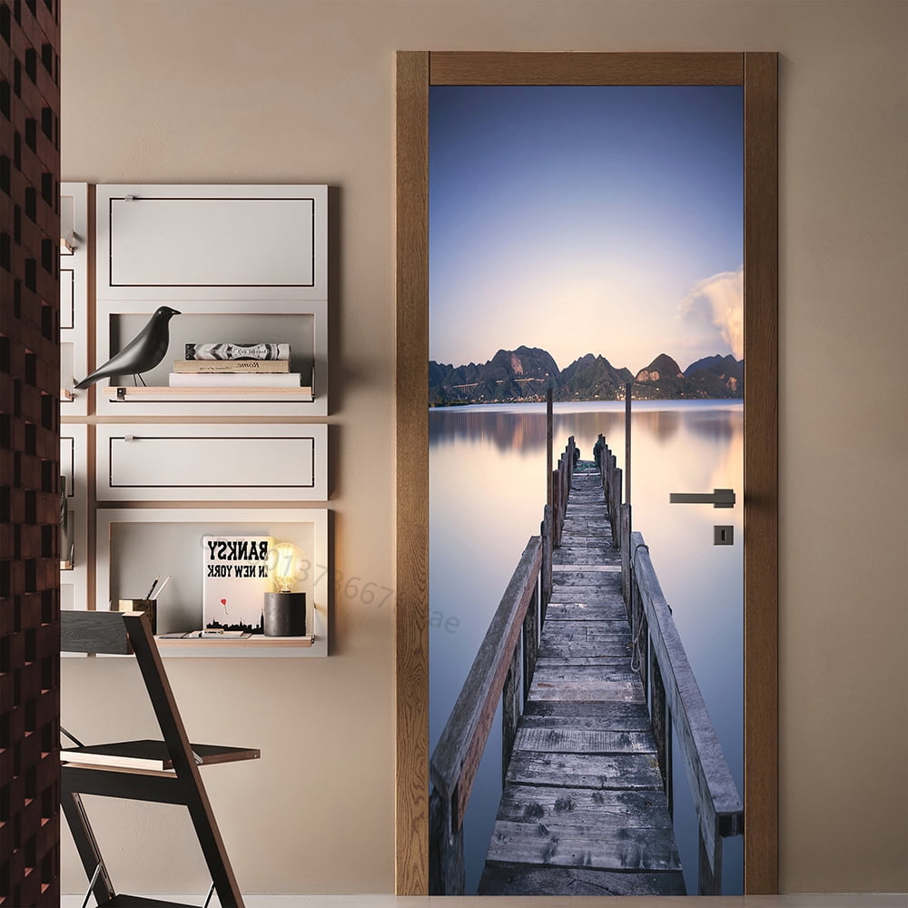 Sunset Sky Bridge Door Stickers Adhesive PVC Clouds Scenery Sea Mural ...