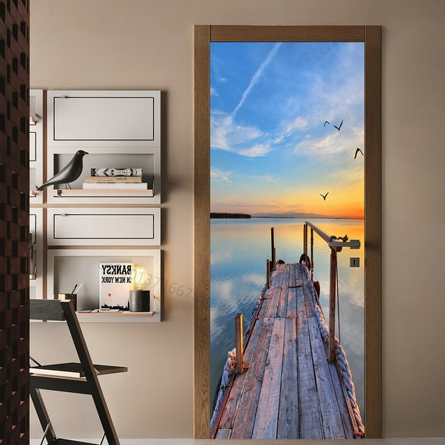 Sunset Sky Bridge Door Stickers Adhesive PVC Clouds Scenery Sea Mural ...