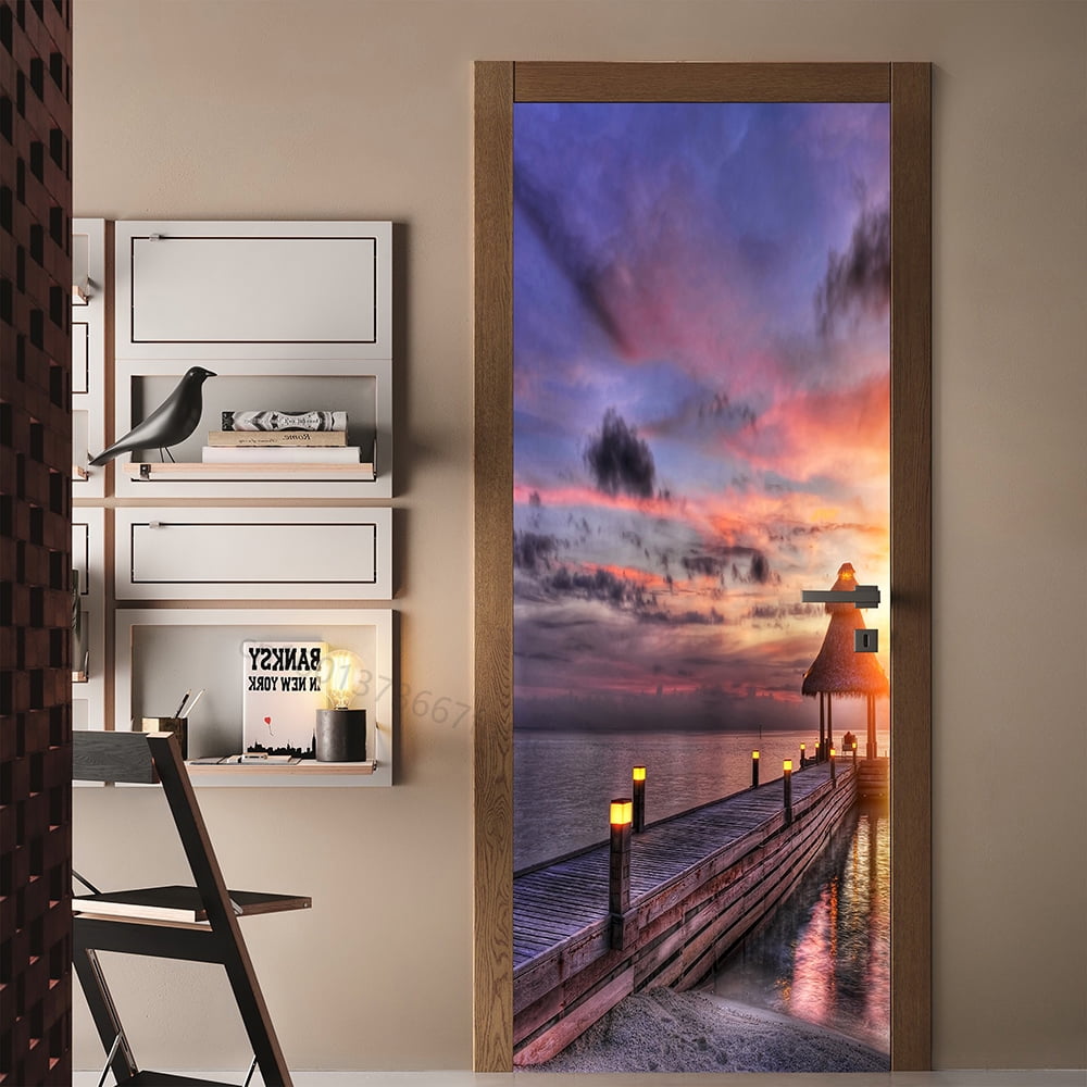 Sunset Sky Bridge Door Stickers Adhesive PVC Clouds Scenery Sea Mural ...