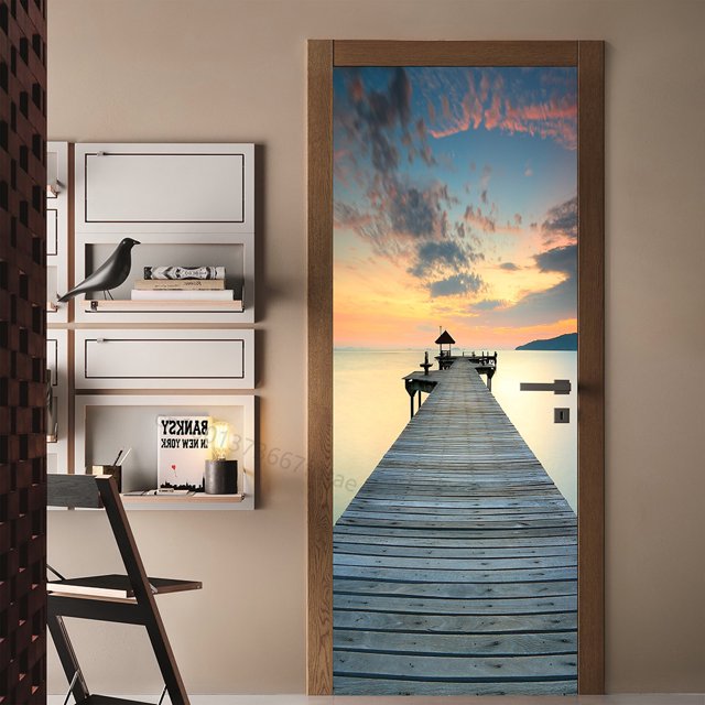 Sunset Sky Bridge Door Stickers Adhesive PVC Clouds Scenery Sea Mural ...