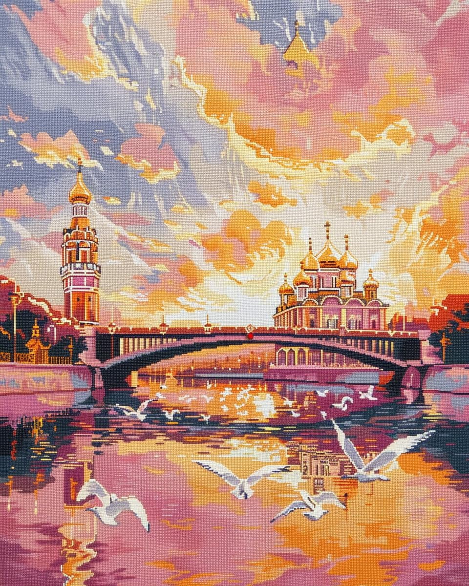 Sunset Sky Clouds Palace Bridege Castle DIY 11CT Stamped Cross Stitch ...