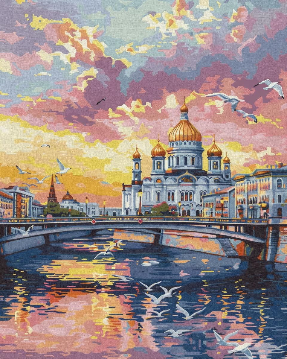 Sunset Sky Clouds Palace Bridege Castle DIY 11CT Stamped Cross Stitch ...