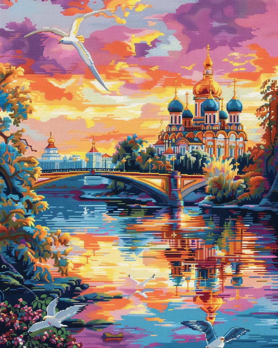 Sunset Sky Clouds Palace Bridege Castle DIY 11CT Stamped Cross Stitch ...