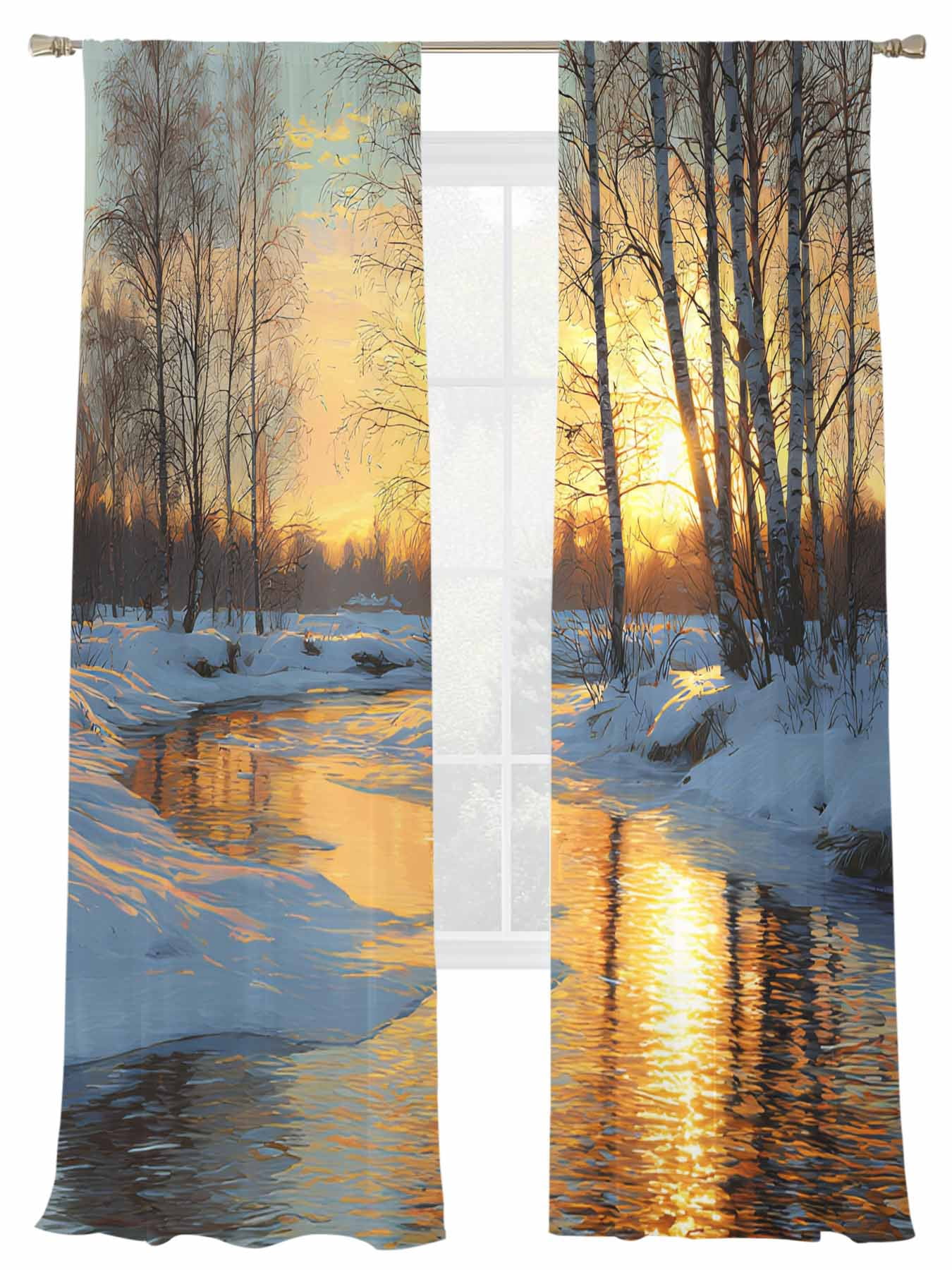 Sunset Snowy Forests Sheer Curtains 2 Panels Set Winter Nature ...