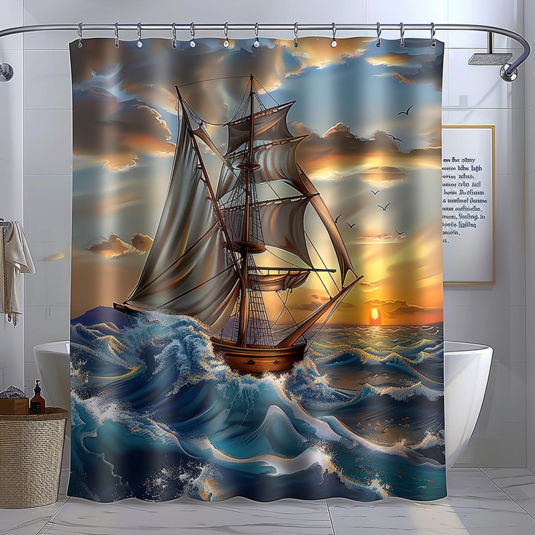 Sunset Stormy Sea Ship Shower Curtain Ultra Realistic Movie Style ...