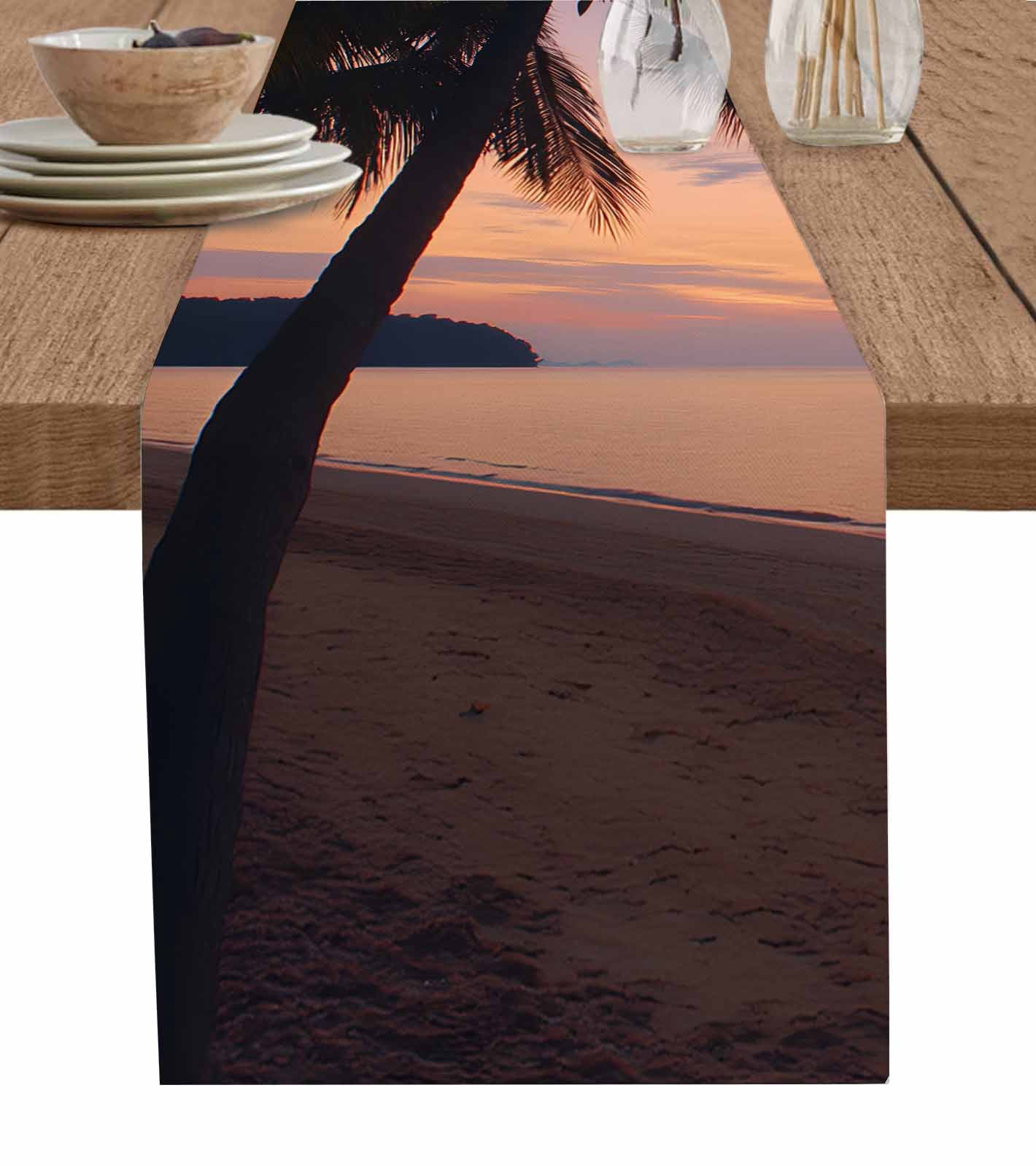 Sunset Summer Table Runner 72 Inches, Seasides Palm Tree Leaves Scene ...