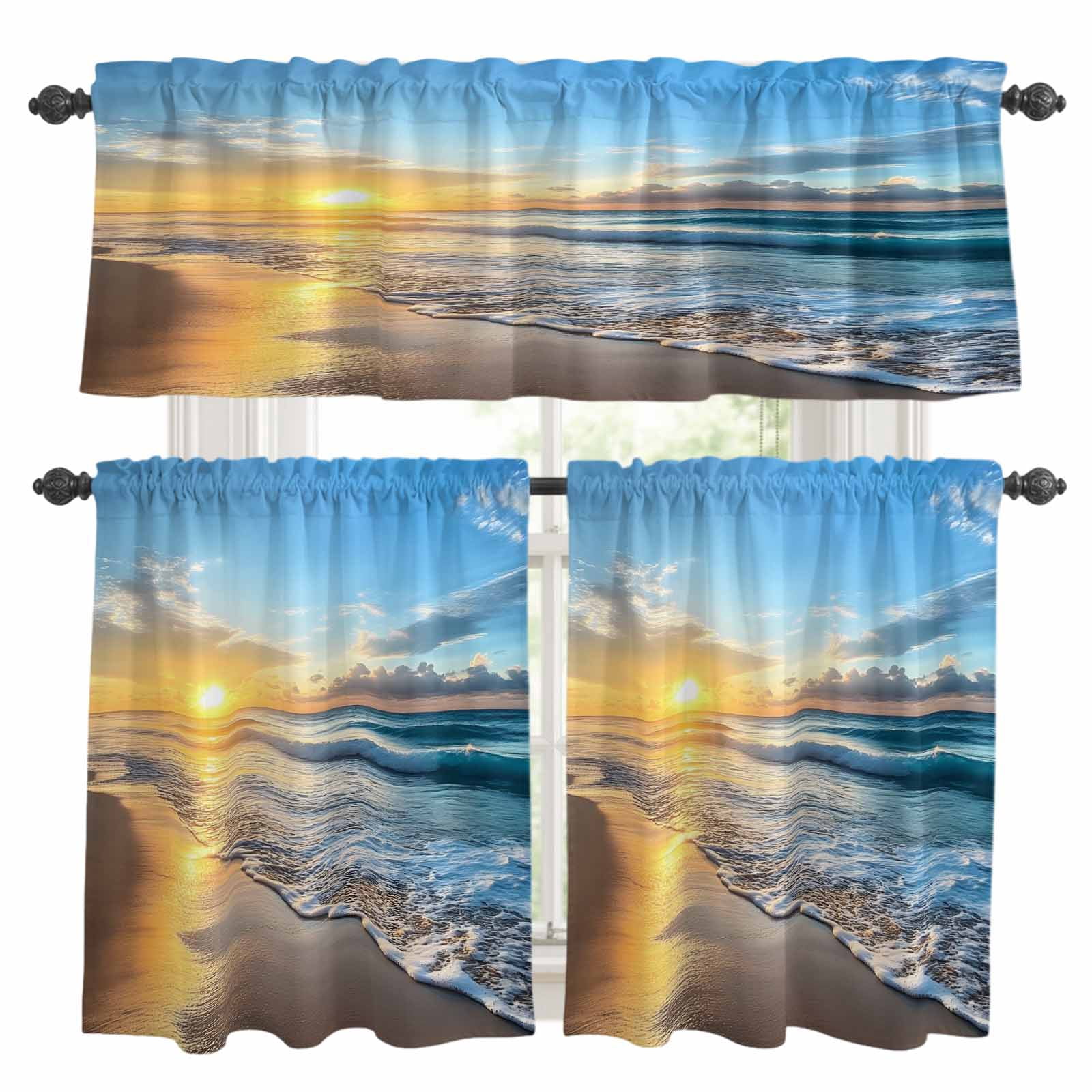 Sunset Sunrise Kitchen Curtains Valances and Tiers Set of 3 Ocean Beach ...