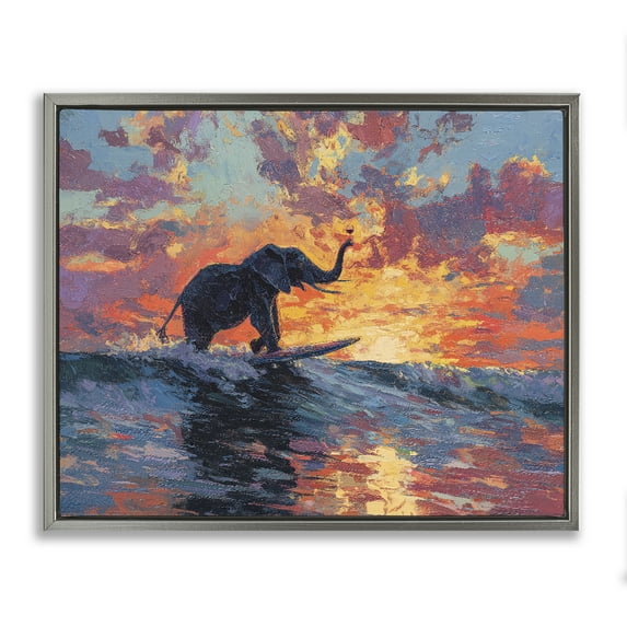 Sunset Surf Elephant Gray Framed Floater Canvas Wall Art, design by ...