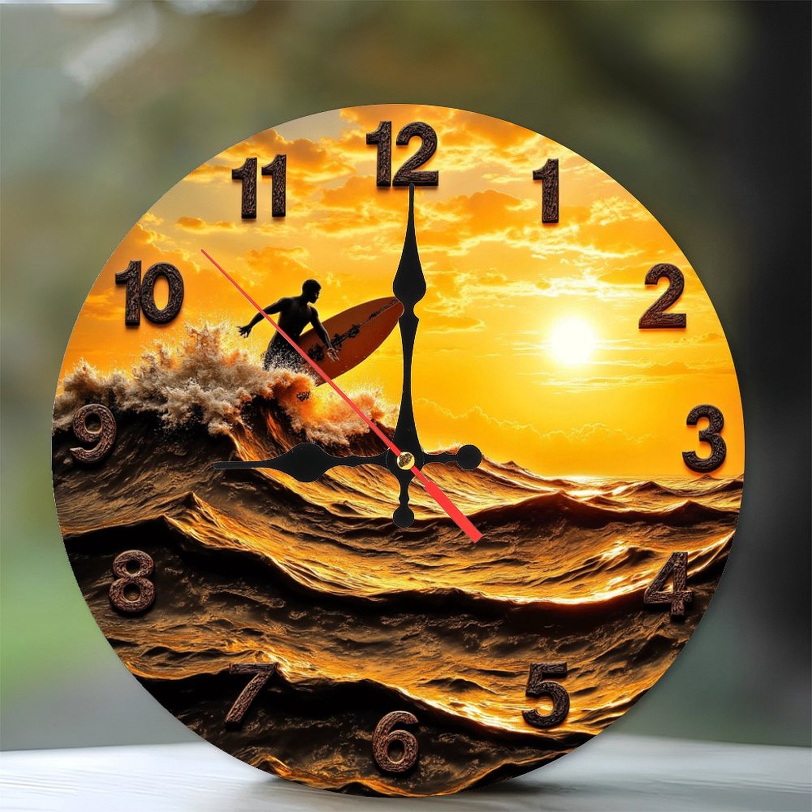 Sunset Surfing Ocean Wave Wall Clock Decor 10-Inch Silent Wooden Wall ...