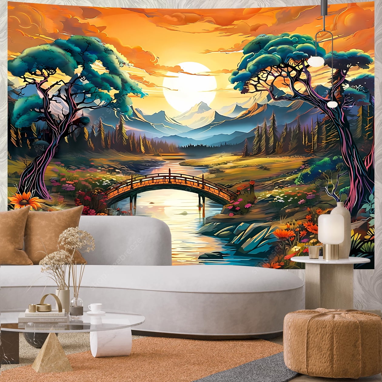 Sunset Tapestry Vintage Floral Plant Tapestries Psychedelic Forest ...