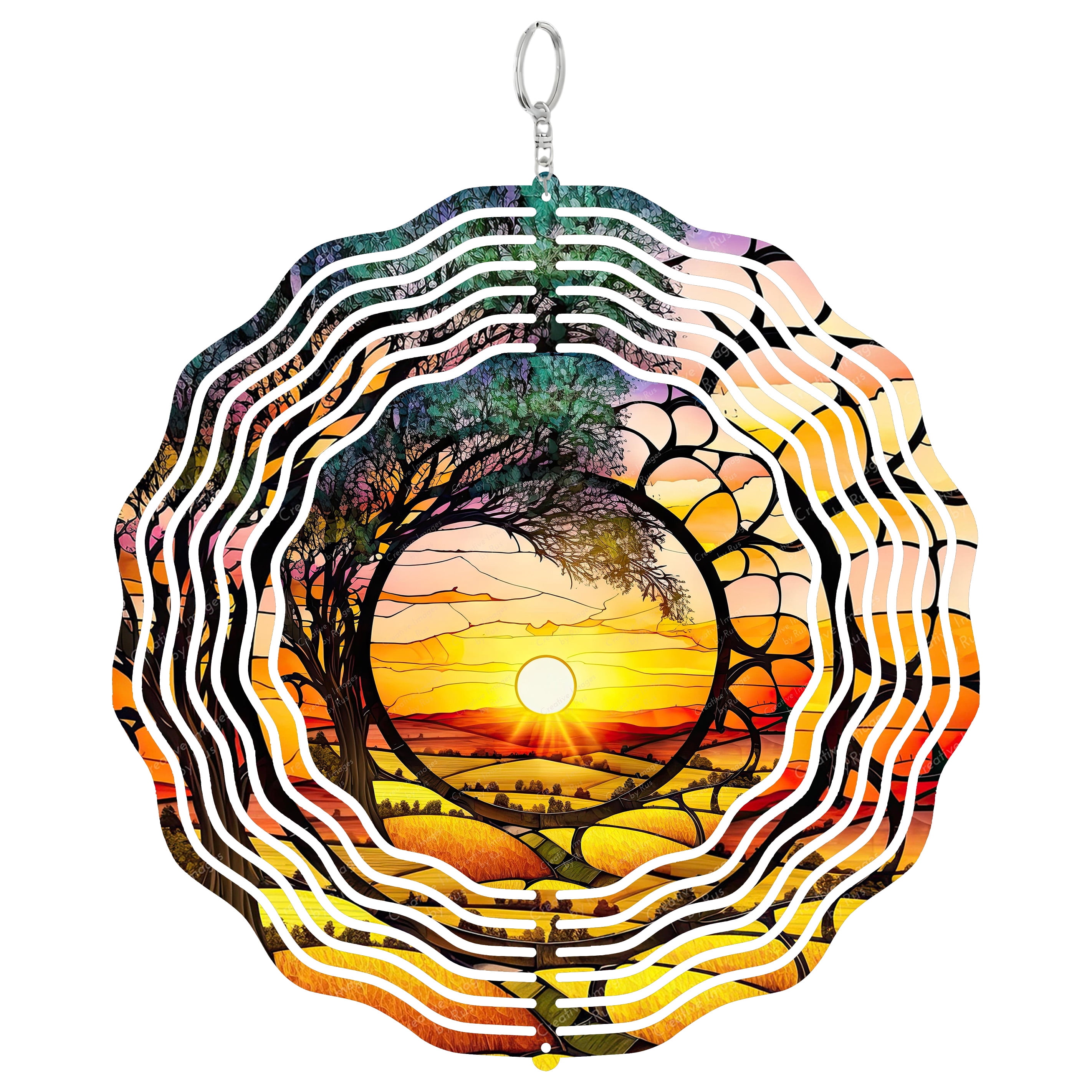Sunset Tree Landscape Stained Glass 3D Wind Spinner Kinetic Hanging ...
