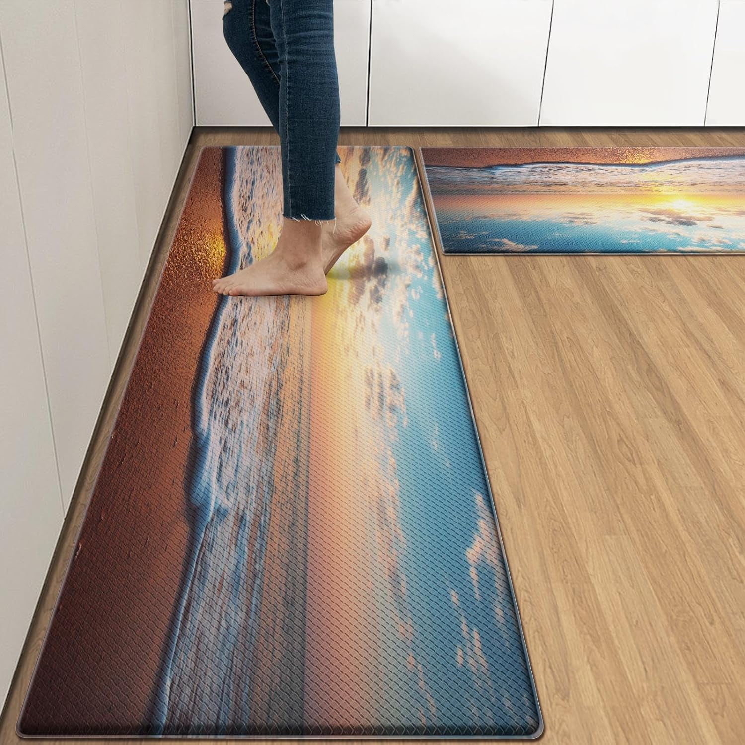 Sunset Tropical Sea Anti-Fatigue Kitchen Rug Set of 2 Beach Golden ...
