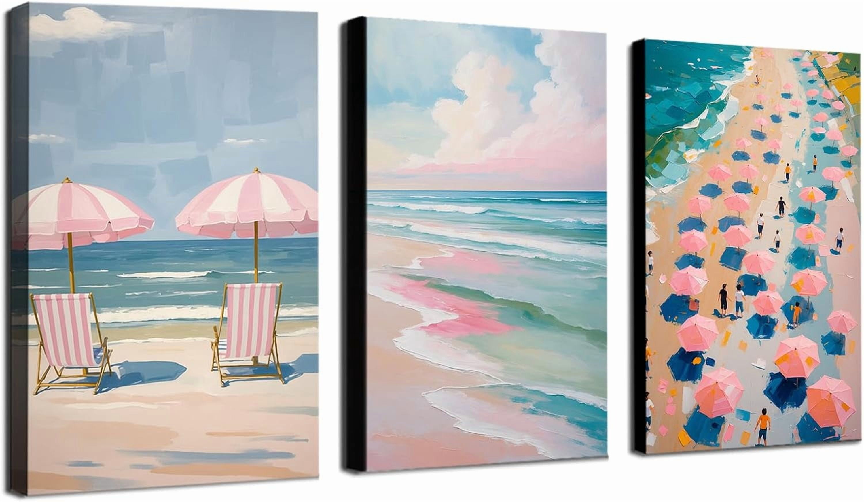 Sunset Wall Art Set of Three Vibrant Pink Beach Umbrellas and Surfer ...