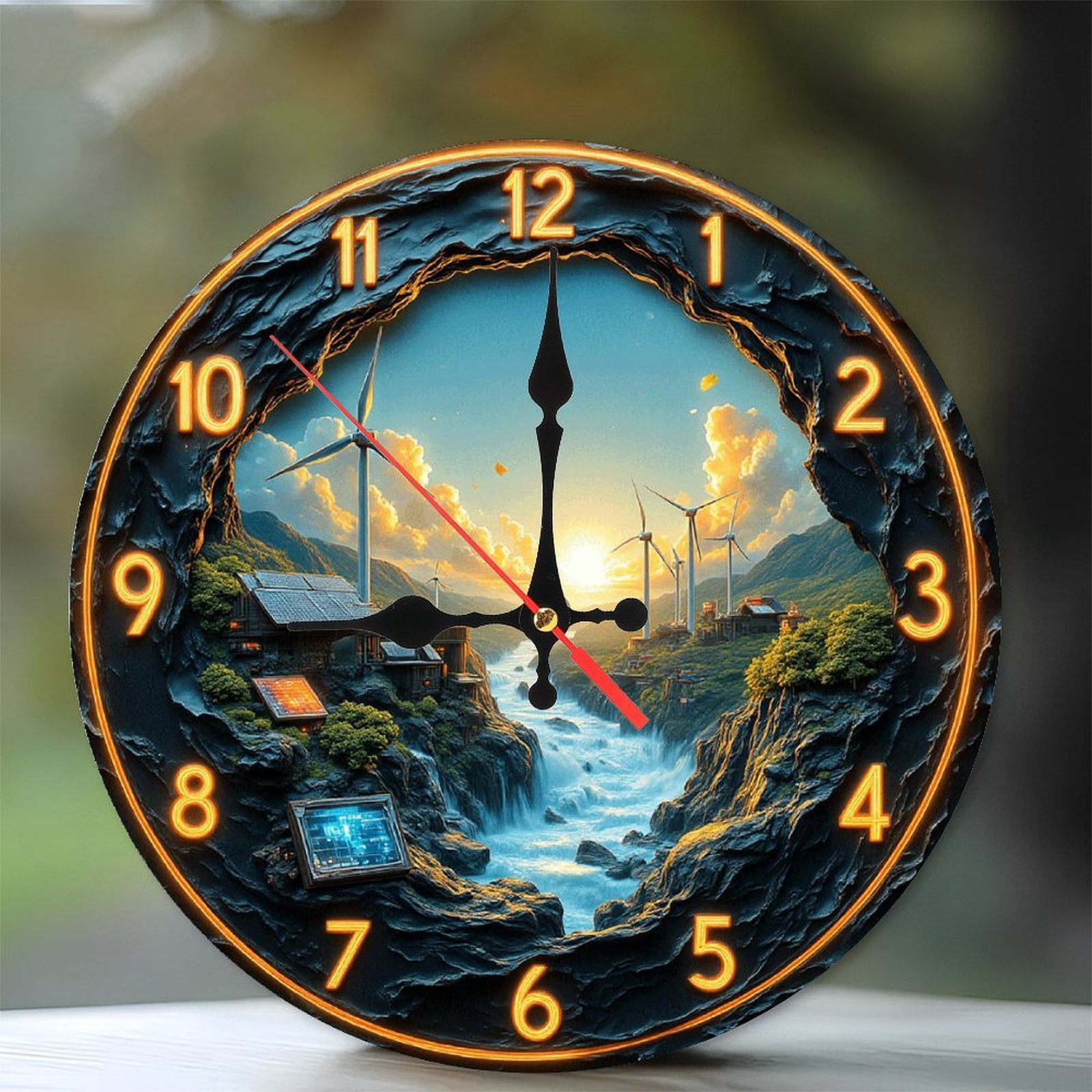 Sunset Waterfall Clock Green Energy Windmill 10-Inch Silent Wooden Wall ...