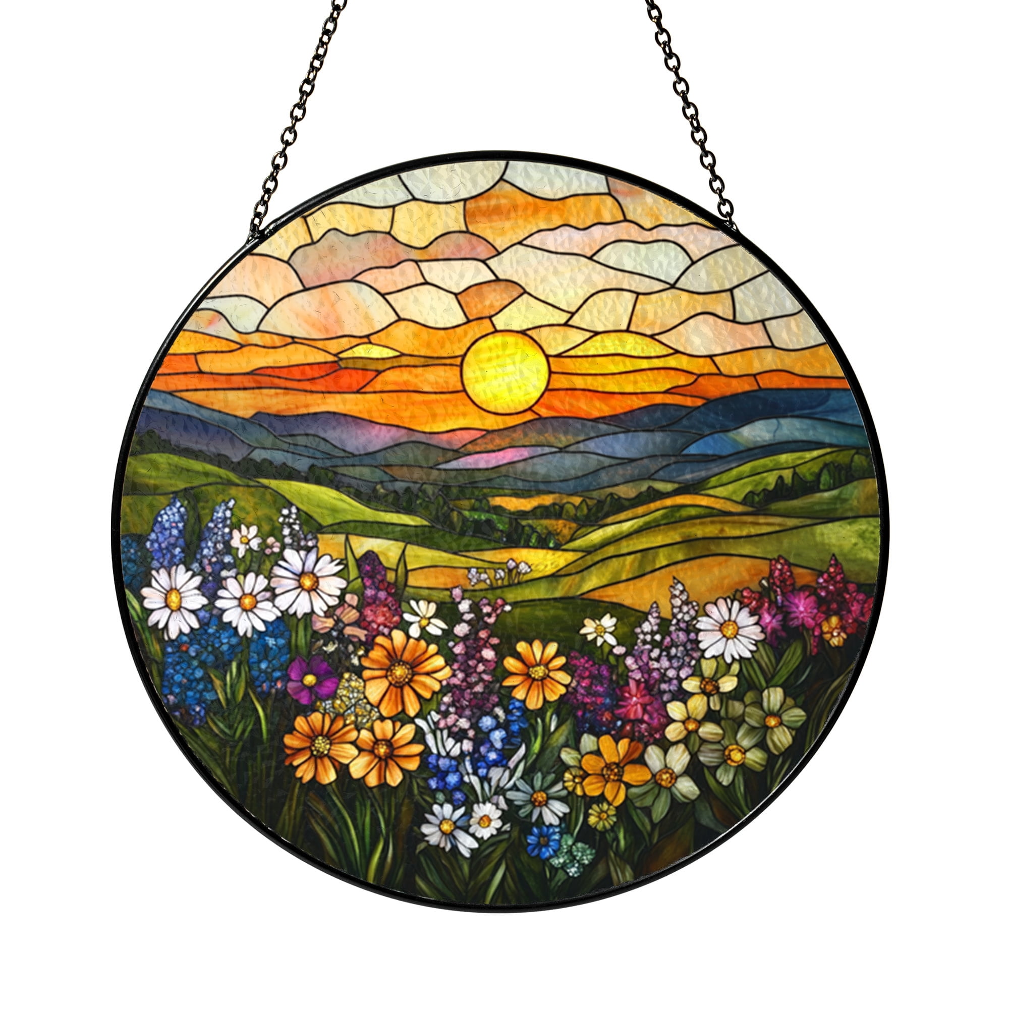 Sunset Wildflower Stained Glass Suncatcher – Circular Window Hanging ...