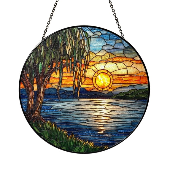 Sunset Willow Tree Window Hanging Stained Glass Style Suncatcher, Lake ...