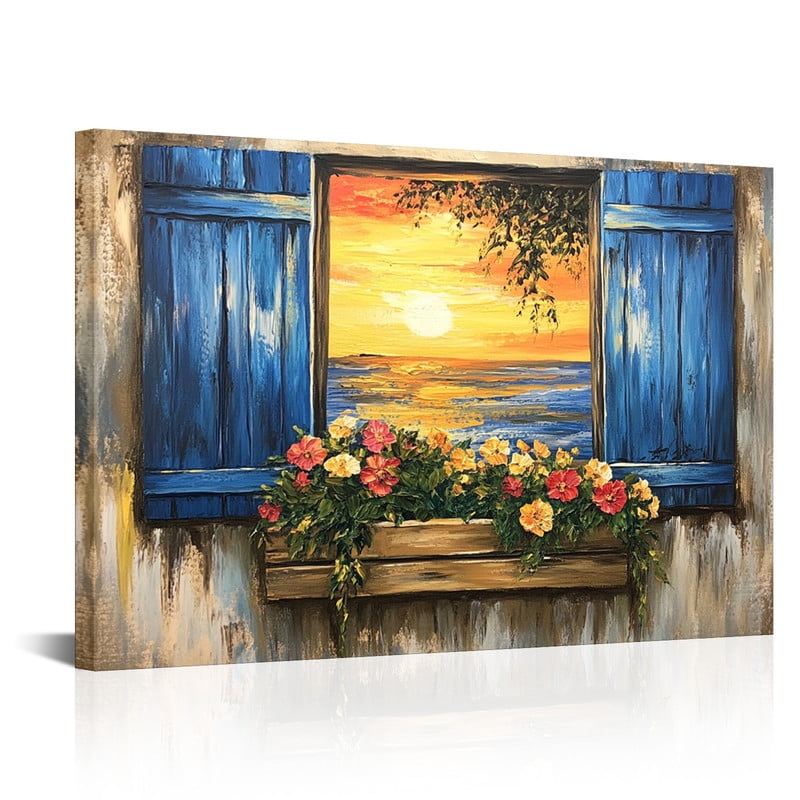 Sunset Window View Oil Painting Canvas Wall Art Framed Nature Landscape ...