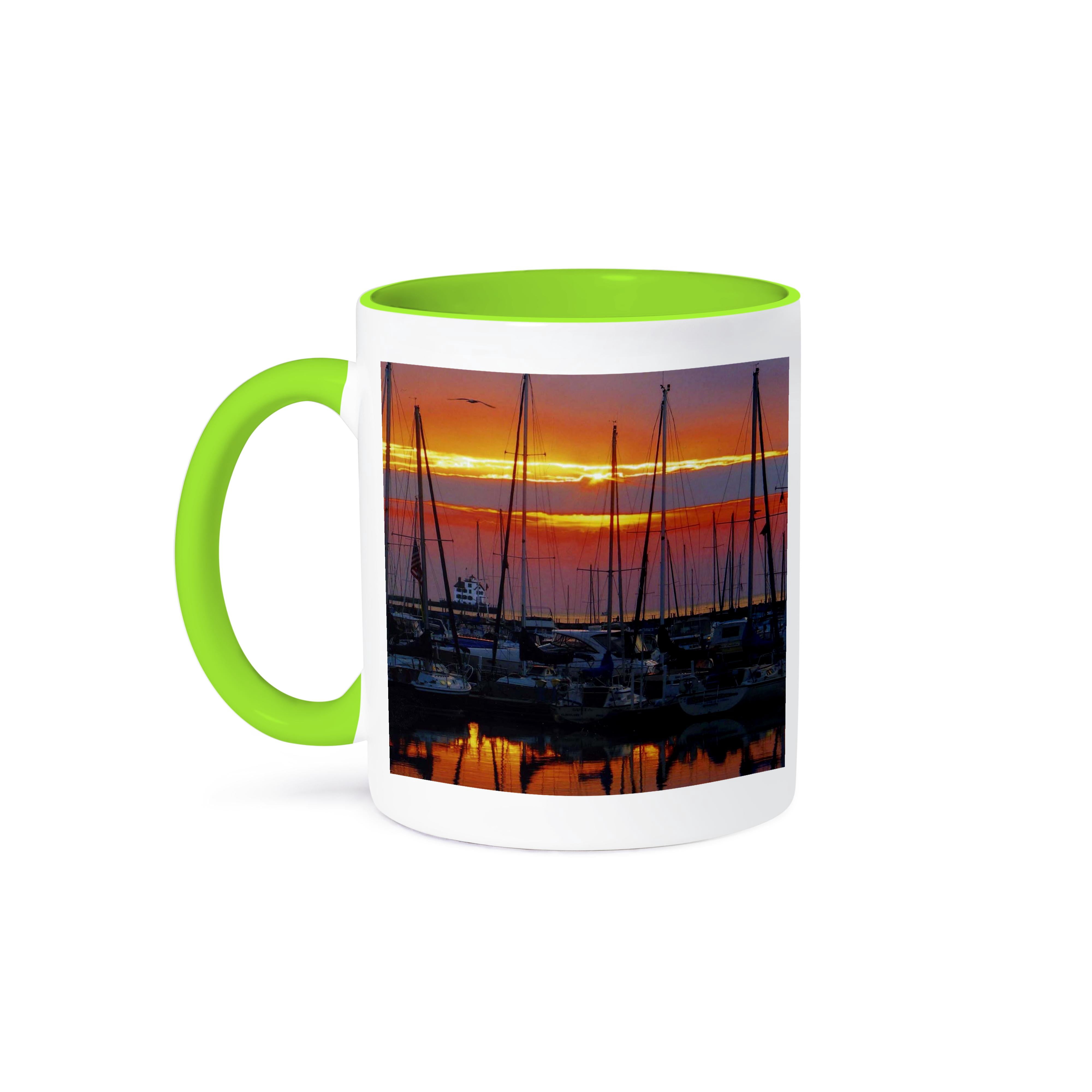 Sunset With Boats At The Dock On Lake Erie, 15oz Two-Tone Green Mug ...
