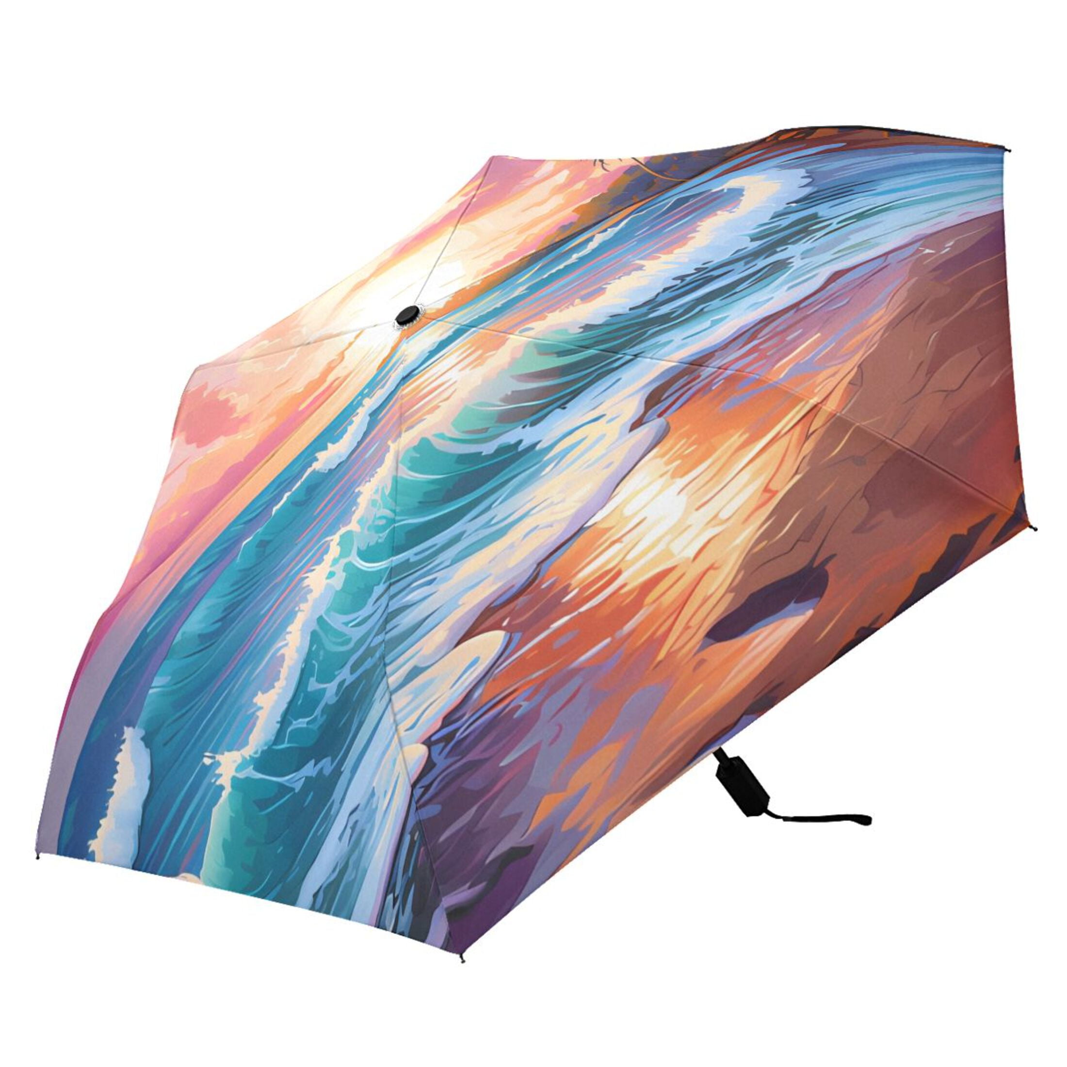 Sunset and Beach Compact Folding Umbrella for Rain Windproof Travel ...