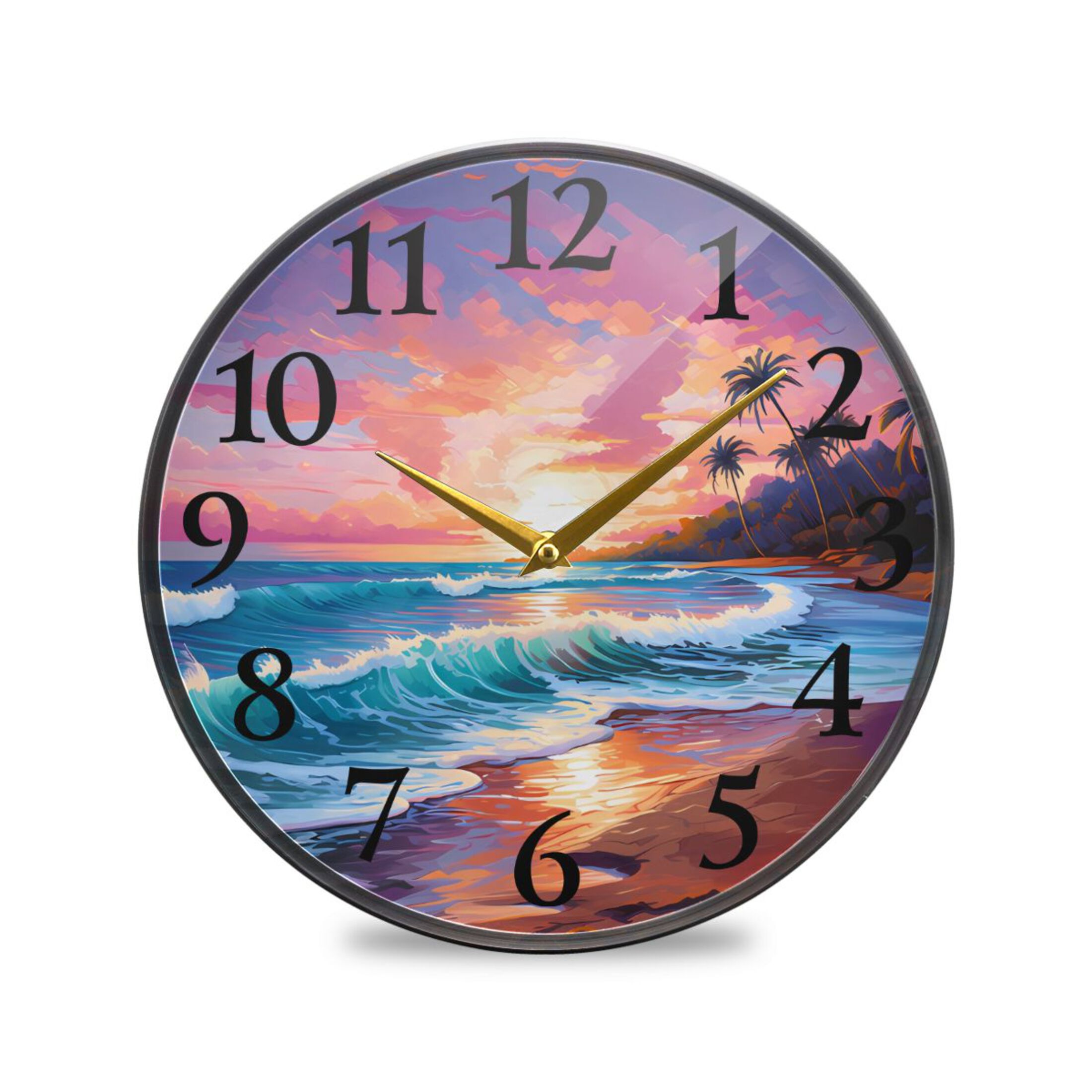 Sunset and Beach Wall Clocks Battery Operated 9.5 Inch Round Clock Acrylic Silent Non-Ticking ...