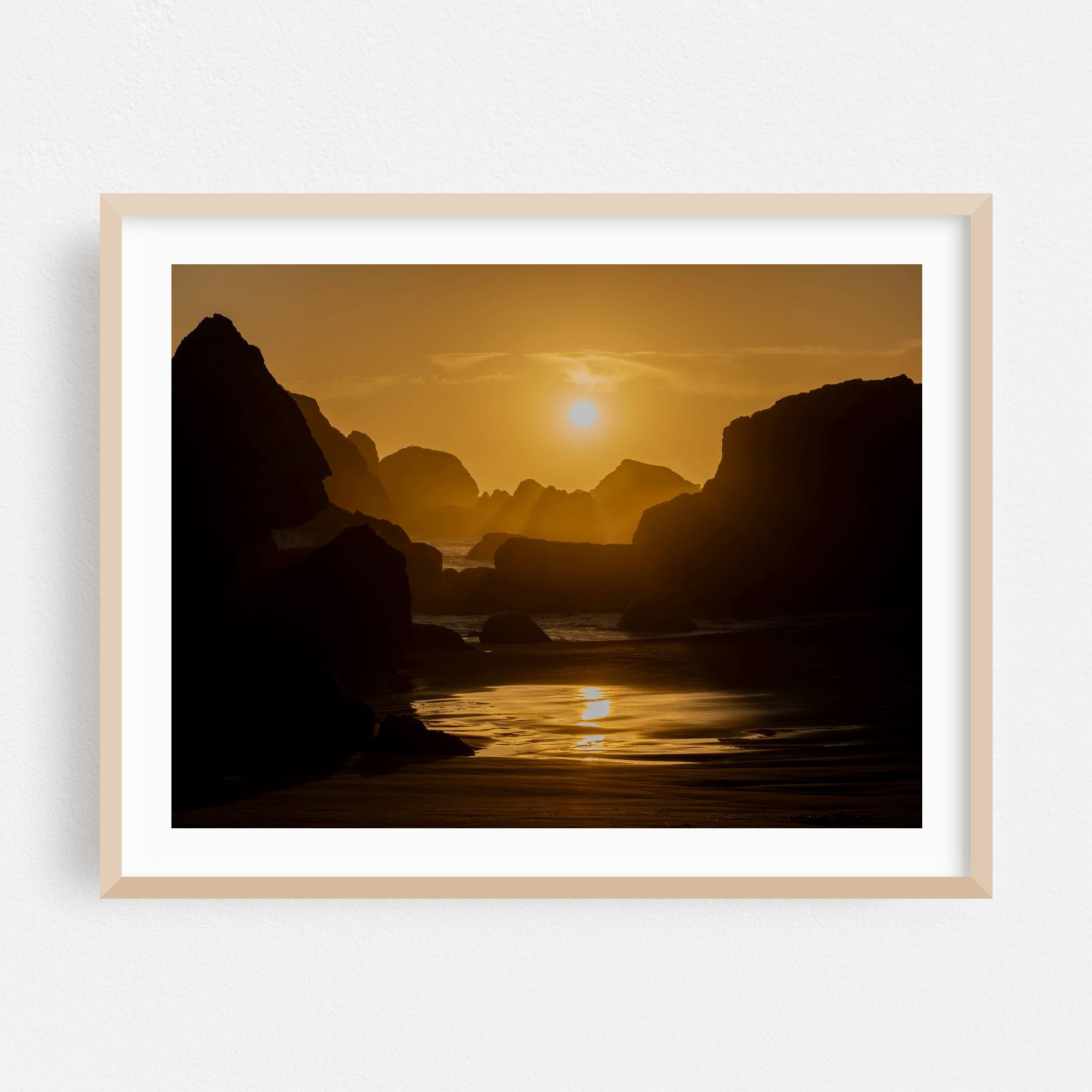 Sunset light softly illuminates rugged coastal formations - Oregon ...
